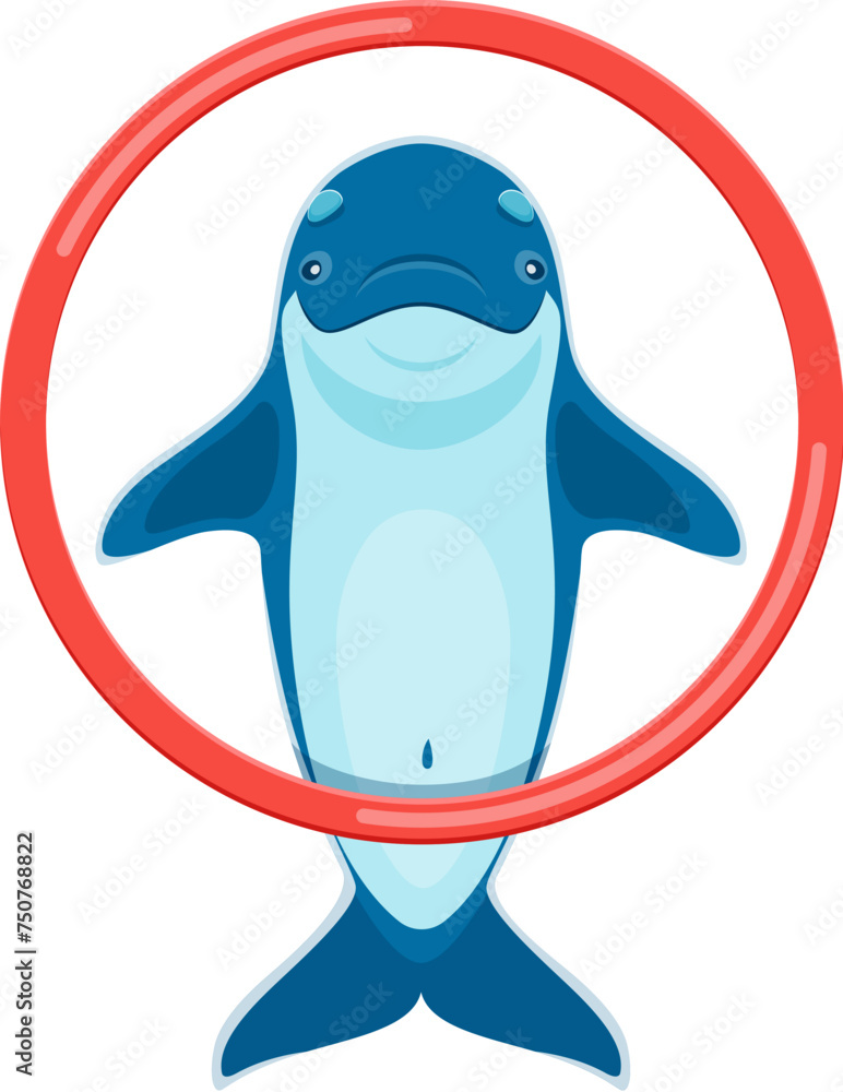 Cartoon dolphin character gracefully leaps through a hoop, showcasing ...