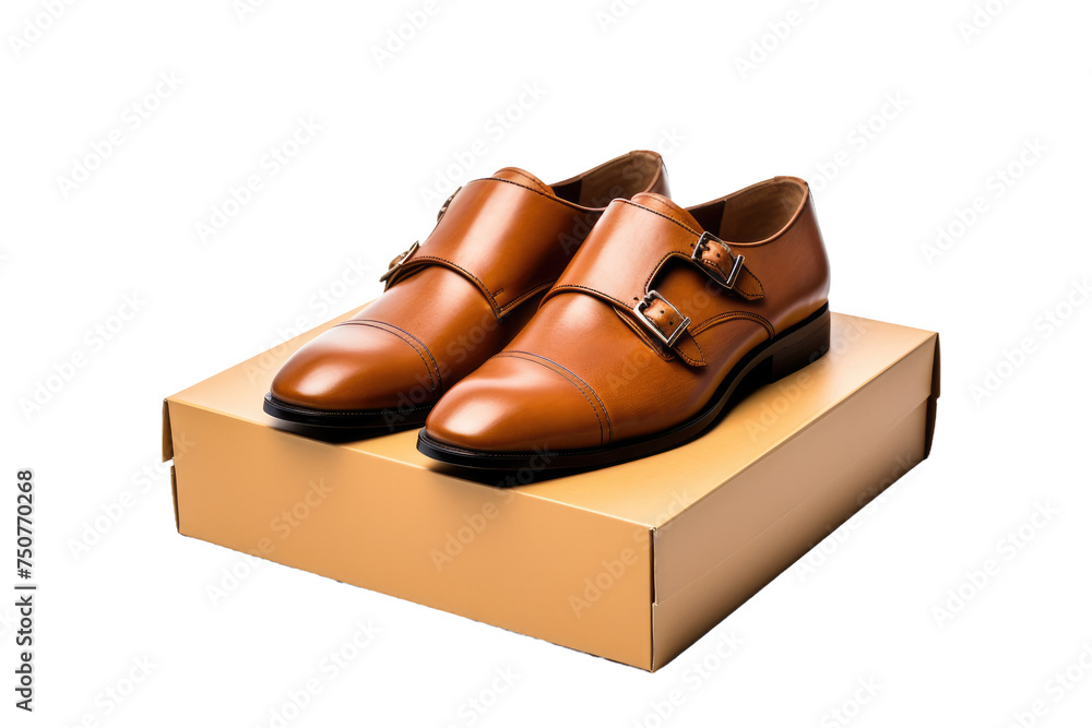 Brown Shoes on Top of Box. A pair of brown shoes is placed neatly on ...