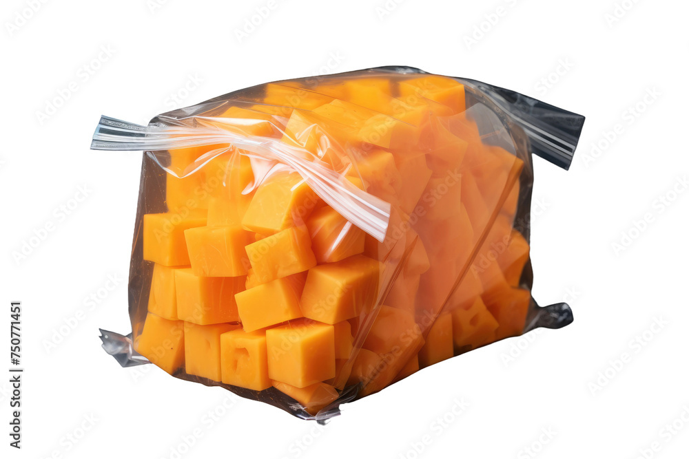 Bag of Cheese Cubes. A transparent bag filled with neatly cut cheese ...