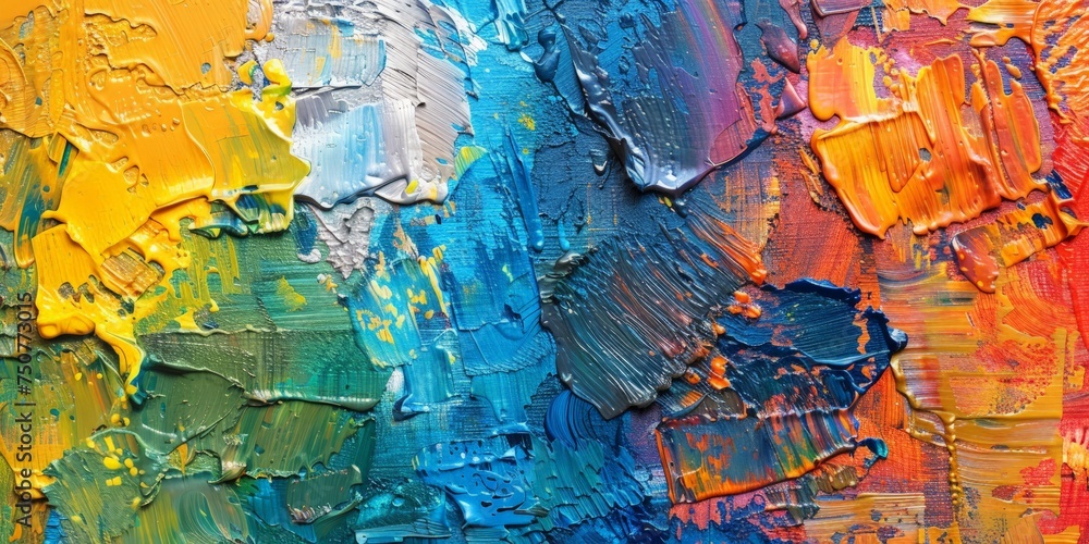 This close-up view showcases a colorful painting with abundant layers ...