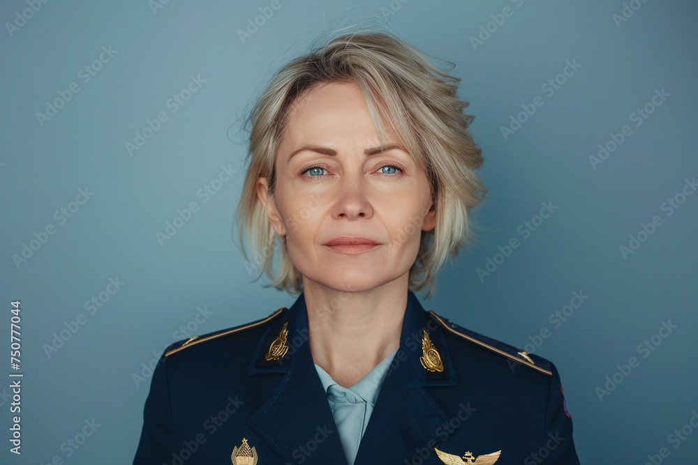 Serious middle-aged woman in navy blue military uniform on blue ...