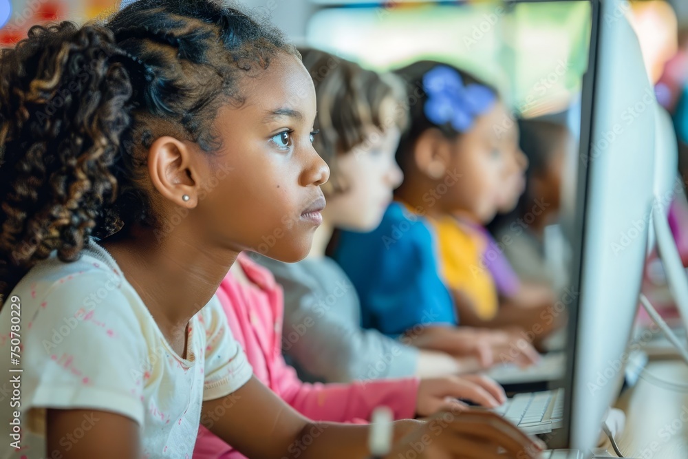 Diverse group of elementary school children engaged in computer-based ...