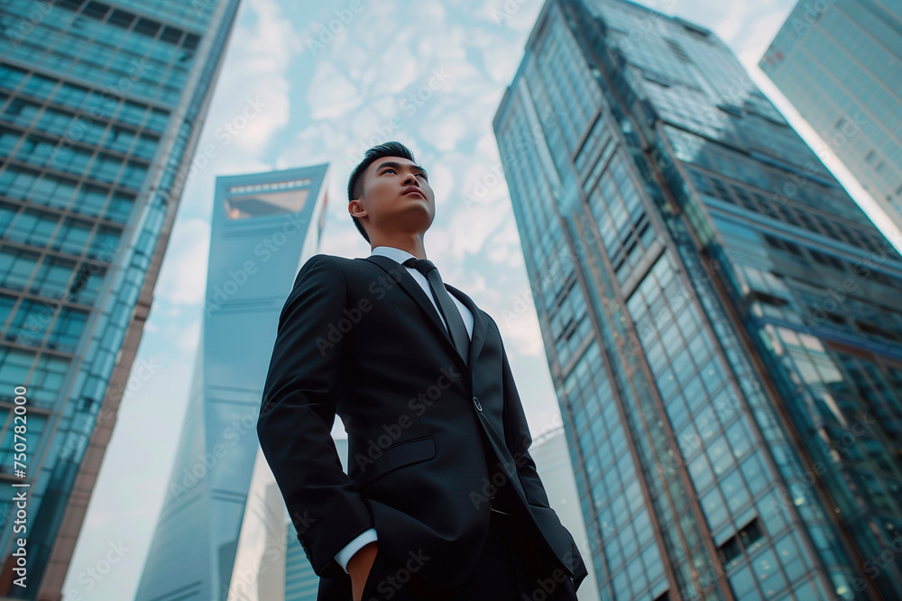 Well-groomed, rich Chinese young man in full height in an expensive ...