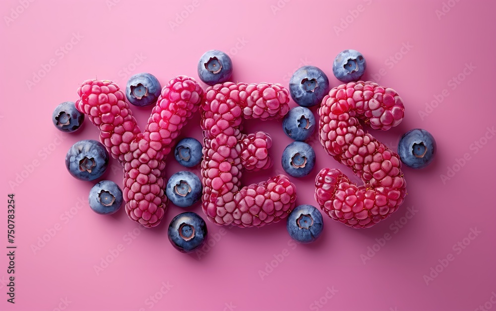 Raspberries and blueberries say YES to you. Text Yes. Inscription YES ...