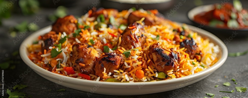 Hyderabadi Biryani dish on a white plate An aromatic Hyderabadi Biryani ...