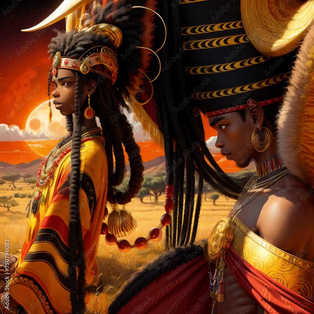 African savannah, a black African tribal teenage boy painted in ...