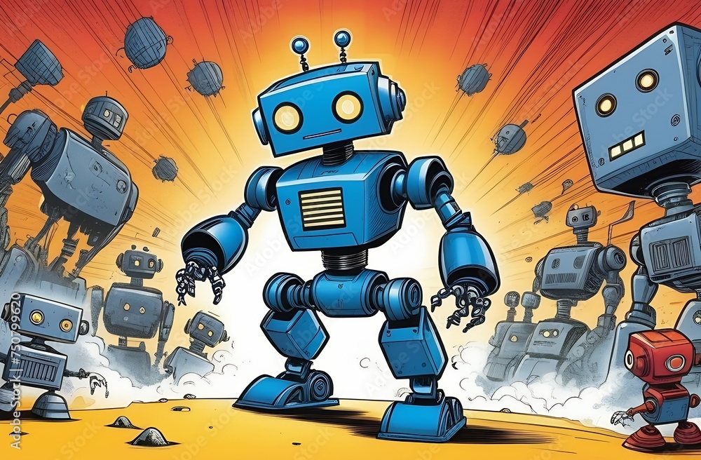 Cartoon illustration in style of comic book, attack of fantastic robots ...