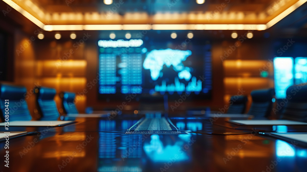 A roundtable discussion in an elegant boardroom, with a central screen ...