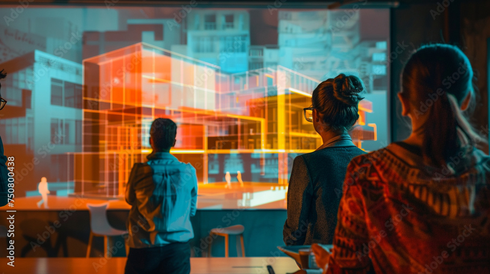 A team of architects watching a 3D simulation of their latest building ...