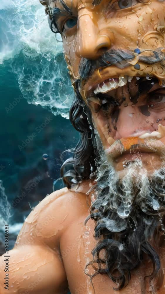 the epic greek god Poseidon wielding a golden trident as a weapon ...