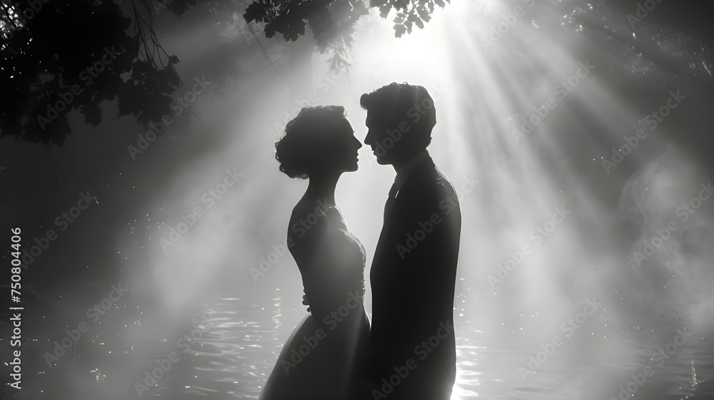A fantasy scene of the moment before a couple in love kisses. The ...
