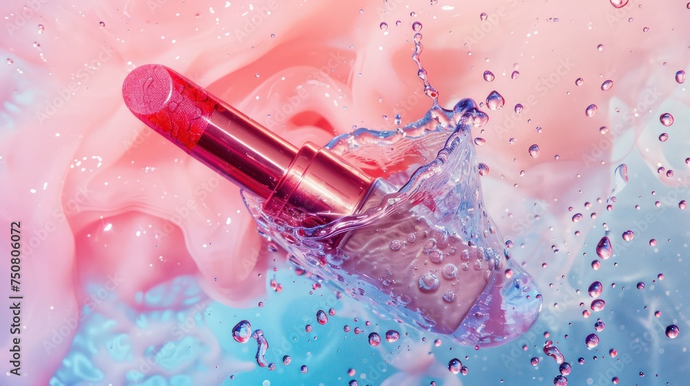 Lipstick submerged in water with bubbles against a pink and blue silk ...