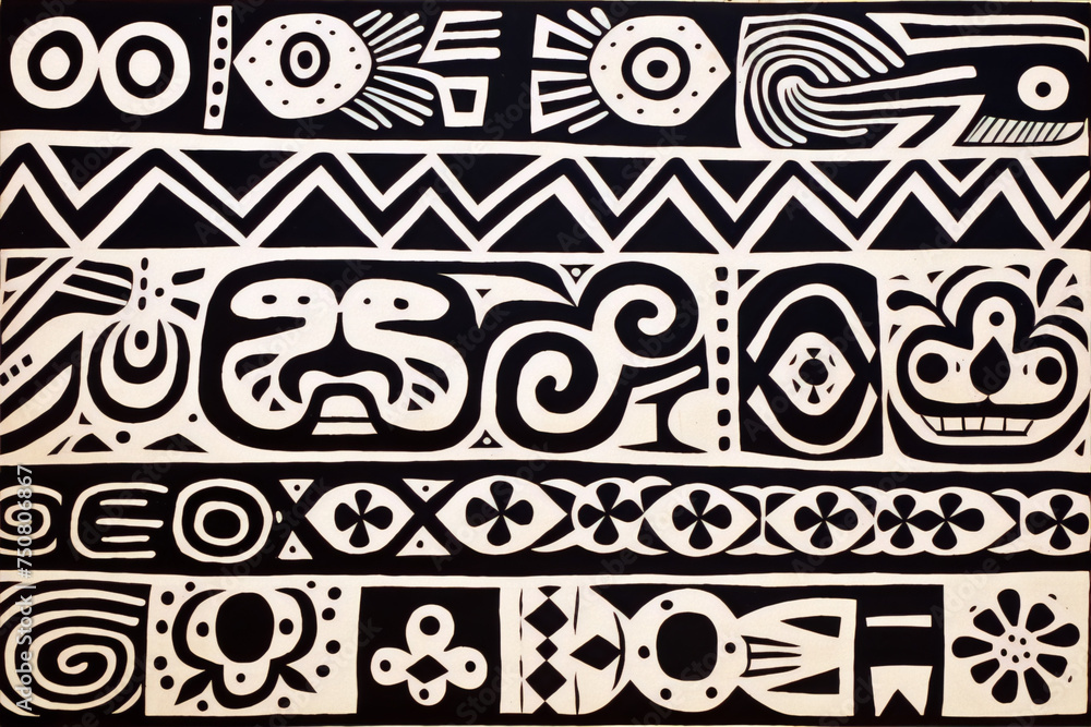 Black and white geometric shapes and symbols in a tapa cloth pattern ...