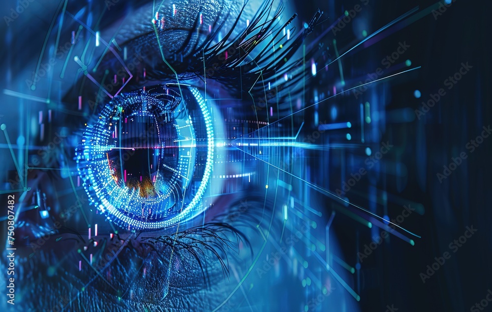 Futuristic biometric identification: close-up of a human eye with ...