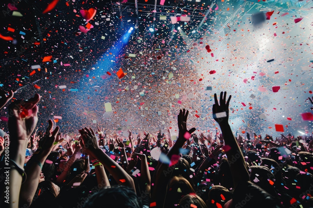 A vibrant crowd of fans at a live concert, cheering and celebrating as ...