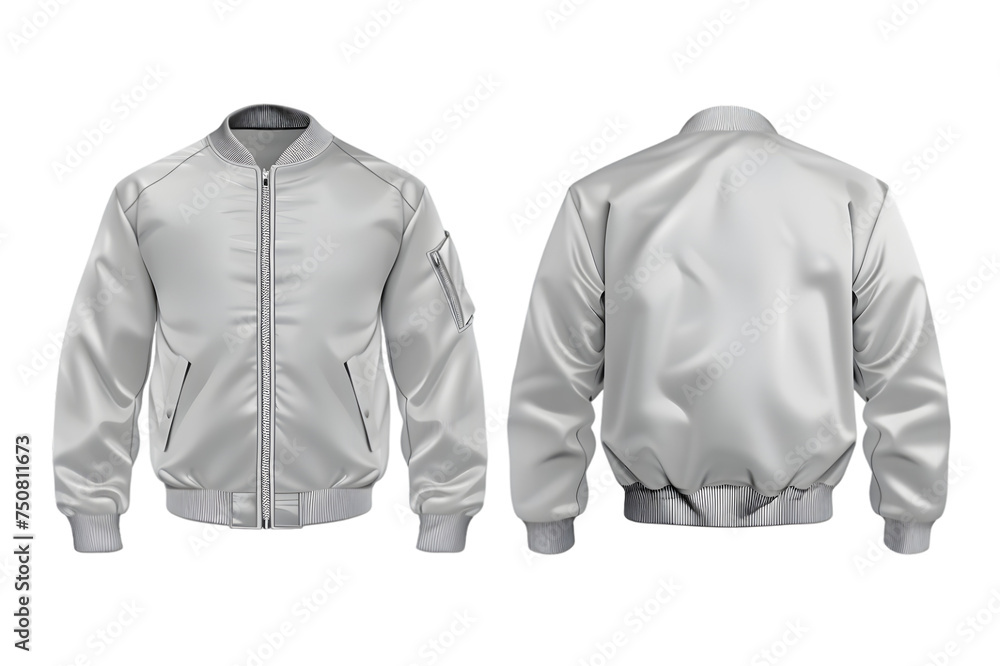 Front and back view of a silver bomber jacket template. With ribbed ...