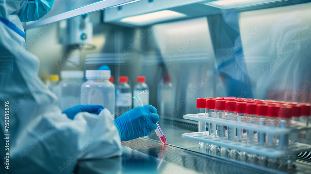 A virologist analyzing a viral culture sample within a biosafety ...