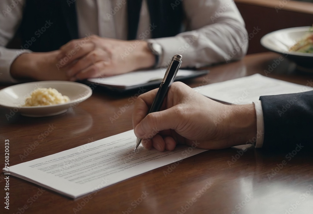 Solicitor pointing at insurance contract showing male client where to ...