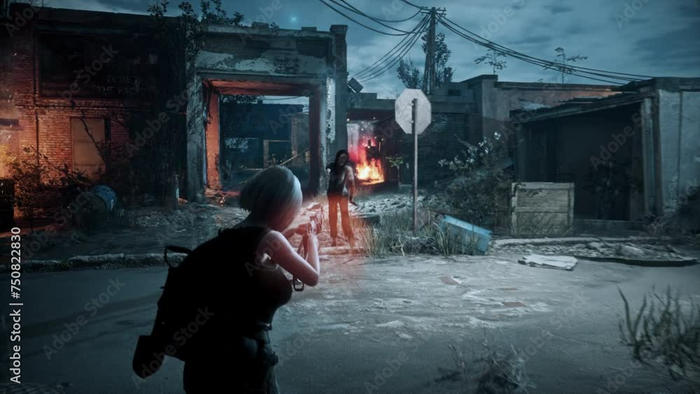 Attacking the zombie enemies on the streets of a shooter simulator map ...