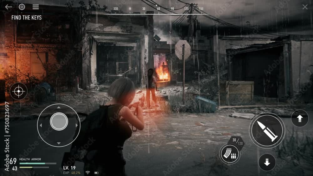 Shooting at the undead enemies in the fake mobile phone game. Suffering ...