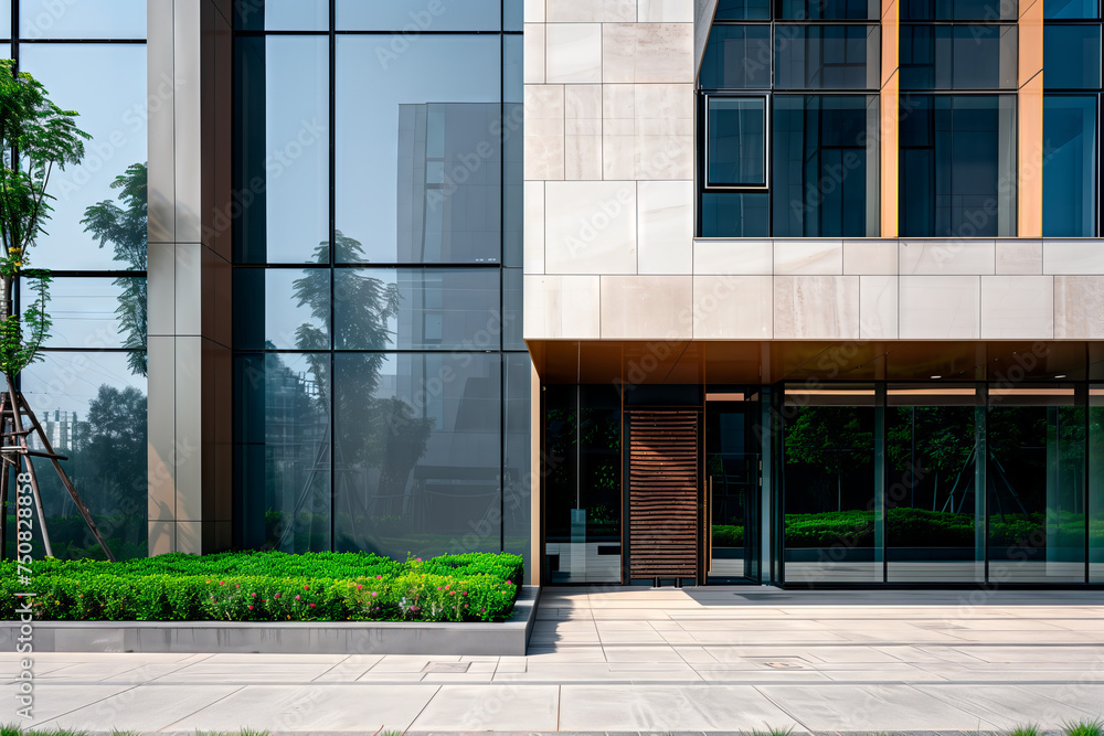 Modern Building Exterior with Reflective Windows and Greenery. The ...