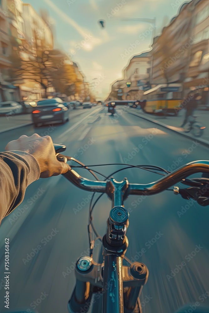 Rider driving bicycle on an asphalt road. Two hand on bike handlebar ...