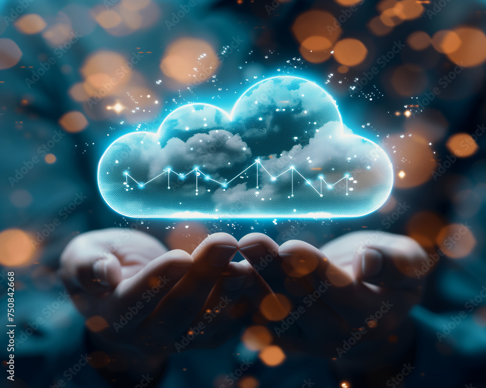 Open hands cradle a glowing cloud symbol filled with data analytics ...