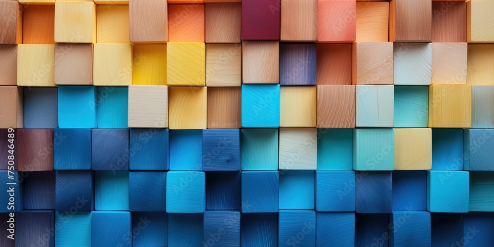 Spectrum of colorful wooden blocks aligned on a rustic old wood table ...