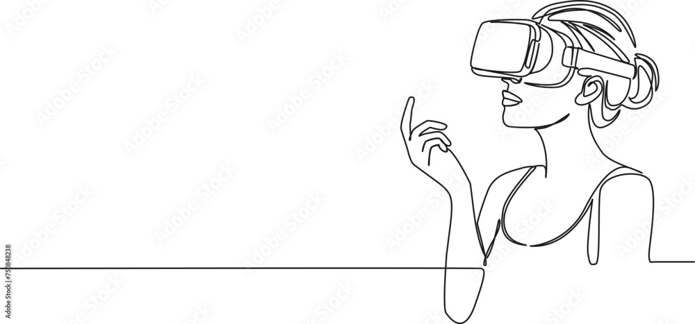 continuous single line drawing of woman wearing VR headset, line art ...
