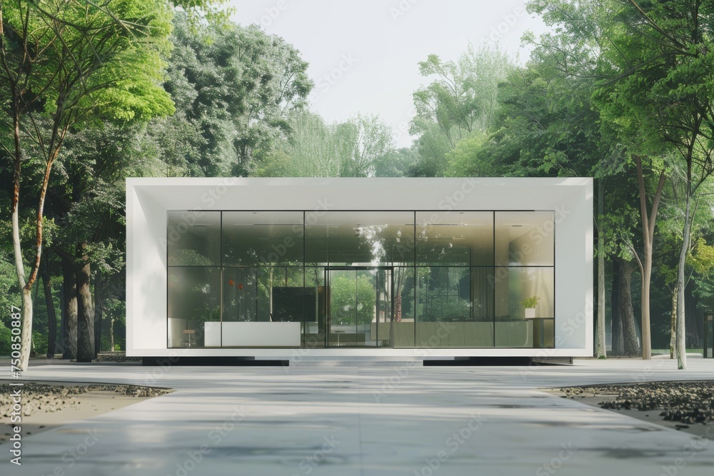 very modern and simple designed flagship store building in deep forest ...