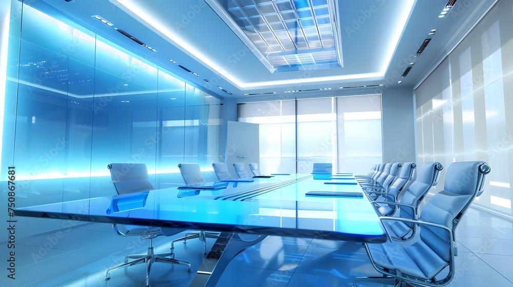 Futuristic blue and white conference room - This image features a ...