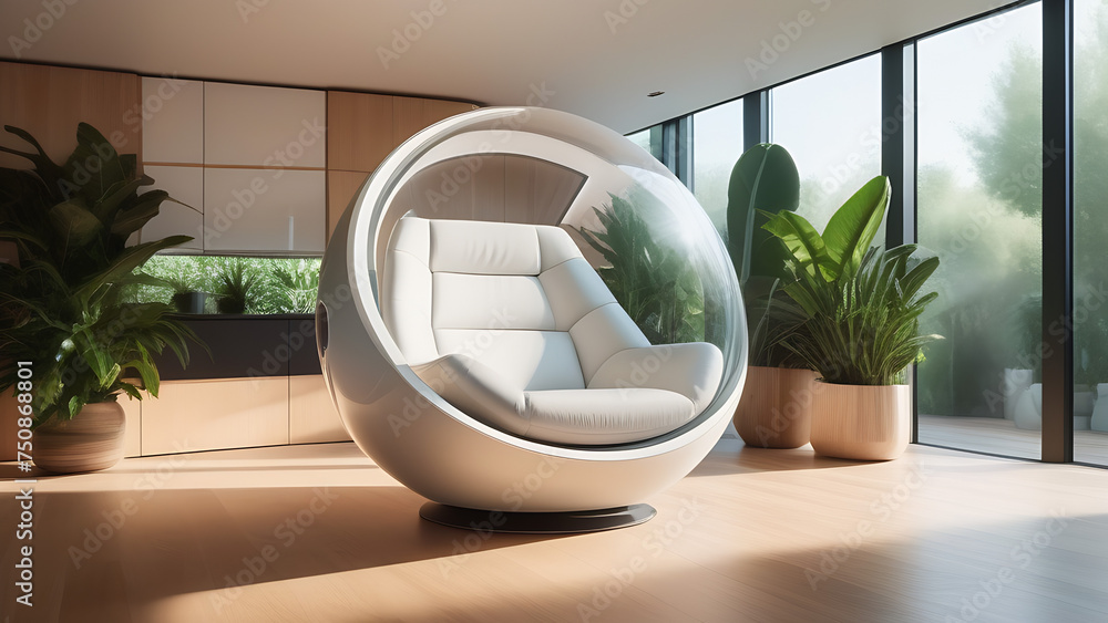 Futuristic white sci-fi pod chair, futuristic chair in modern living ...