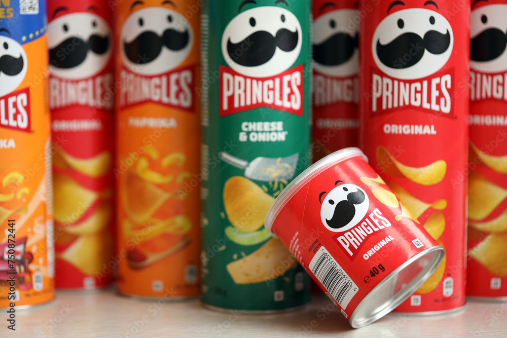 KYIV, UKRAINE - FEBRUARY 27, 2024 Pringles original potato chips on ...