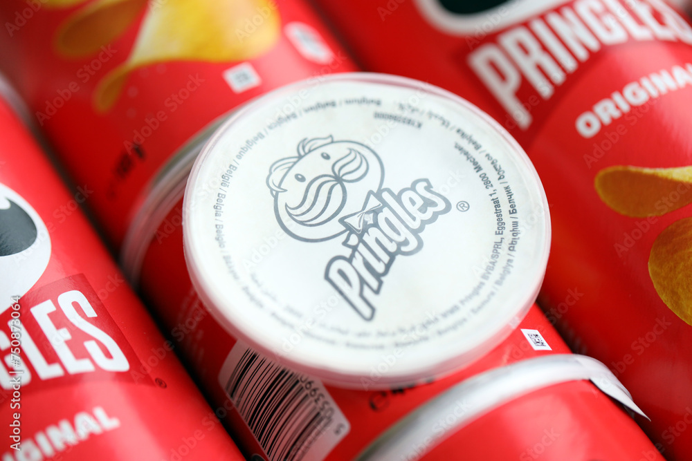 KYIV, UKRAINE - FEBRUARY 27, 2024 Pringles original potato chips on ...