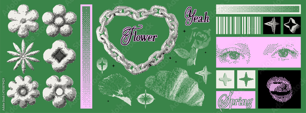 Bitmap spring stickers. Set of trendy different pixel elements in y2k ...