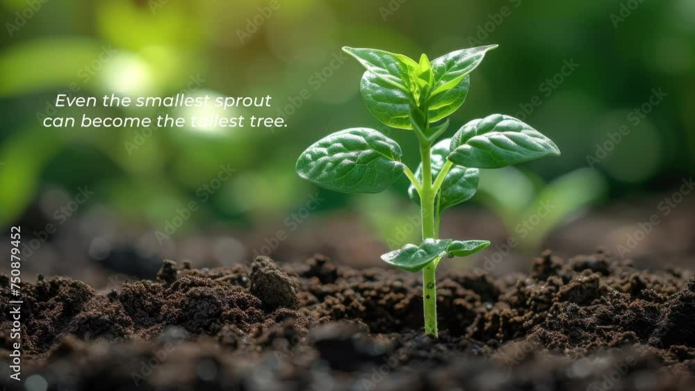A young plant sprouting from rich soil with 'Even the Smallest Sprout ...