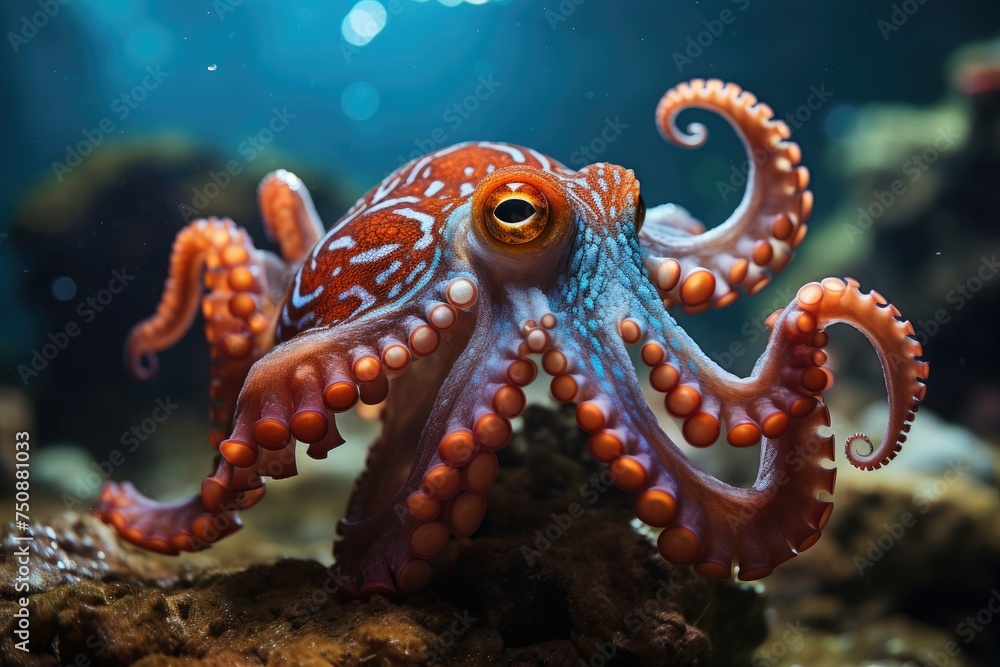 Agile octopus exuding jets of water in the ocean., generative IA Stock ...