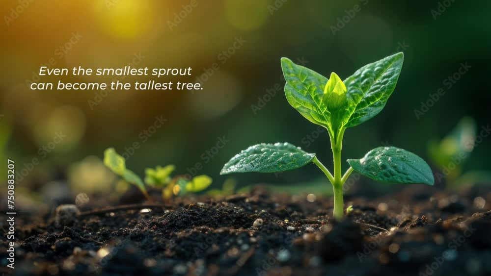 A young plant sprouting from rich soil with 'Even the Smallest Sprout ...