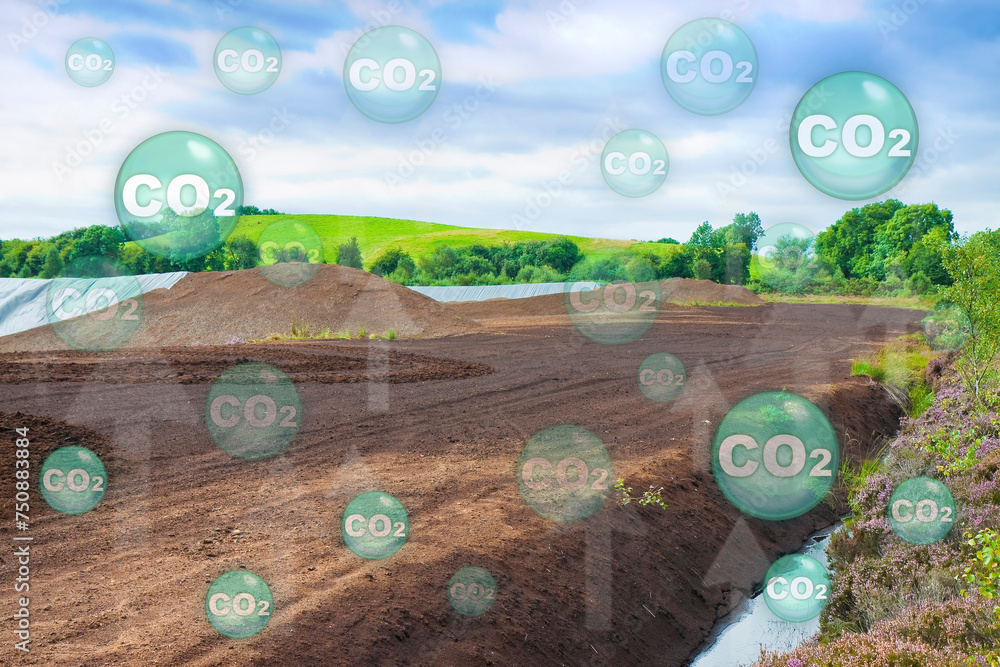 Peat could be a carbon bomb or a climate change solution? Concept image with carbon dioxide CO2 ...