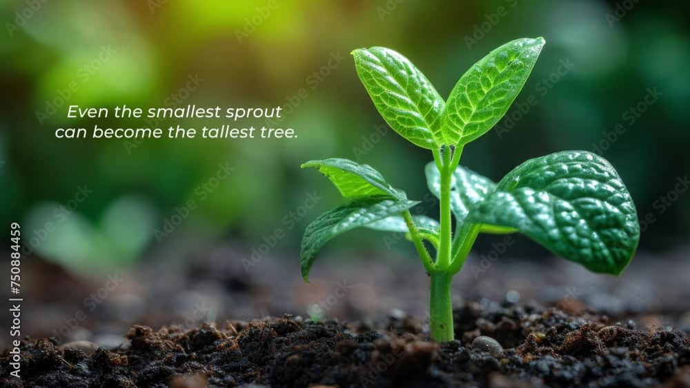 A young plant sprouting from rich soil with 'Even the Smallest Sprout ...