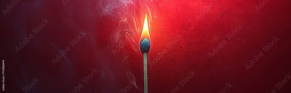 Burning match with a bright flame on a red background. Concept: Fire ...