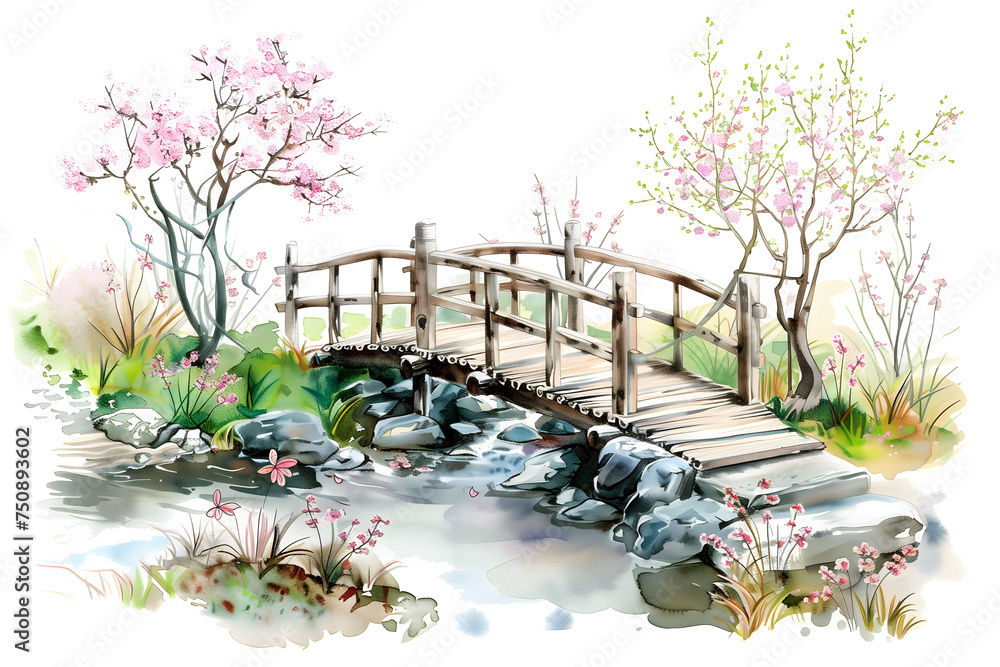 Idyllic Spring Garden Scene with Wooden Bridge and Blossoming Trees ...