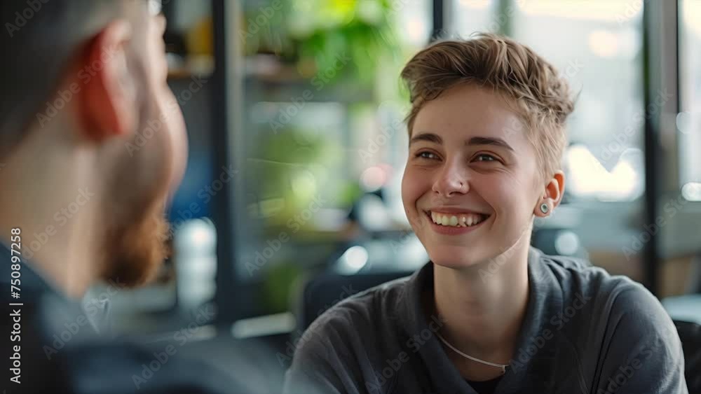 Confident Gen-z Caucasian transgender person with short hair and in a ...