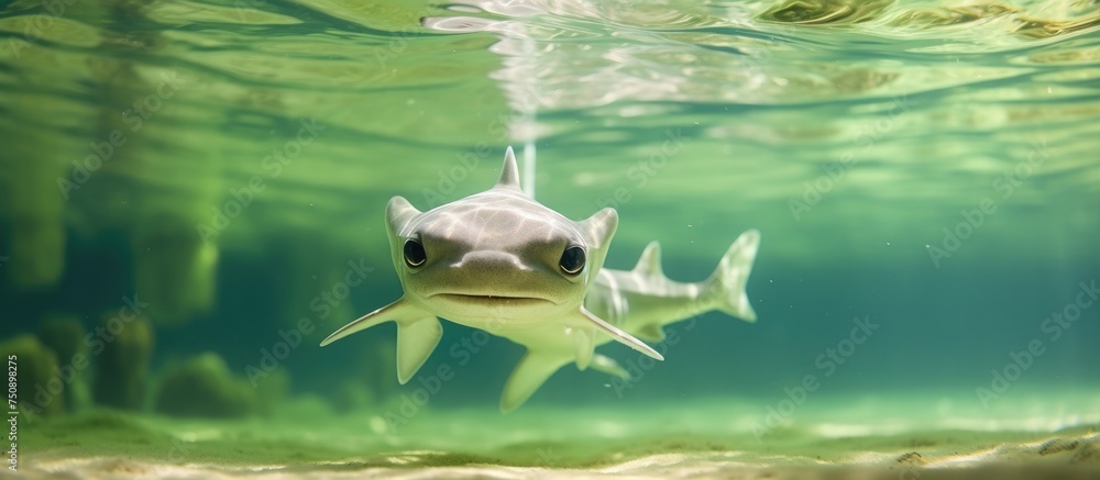 Foto de A baby lime shark swims gracefully underwater in shallow waters ...