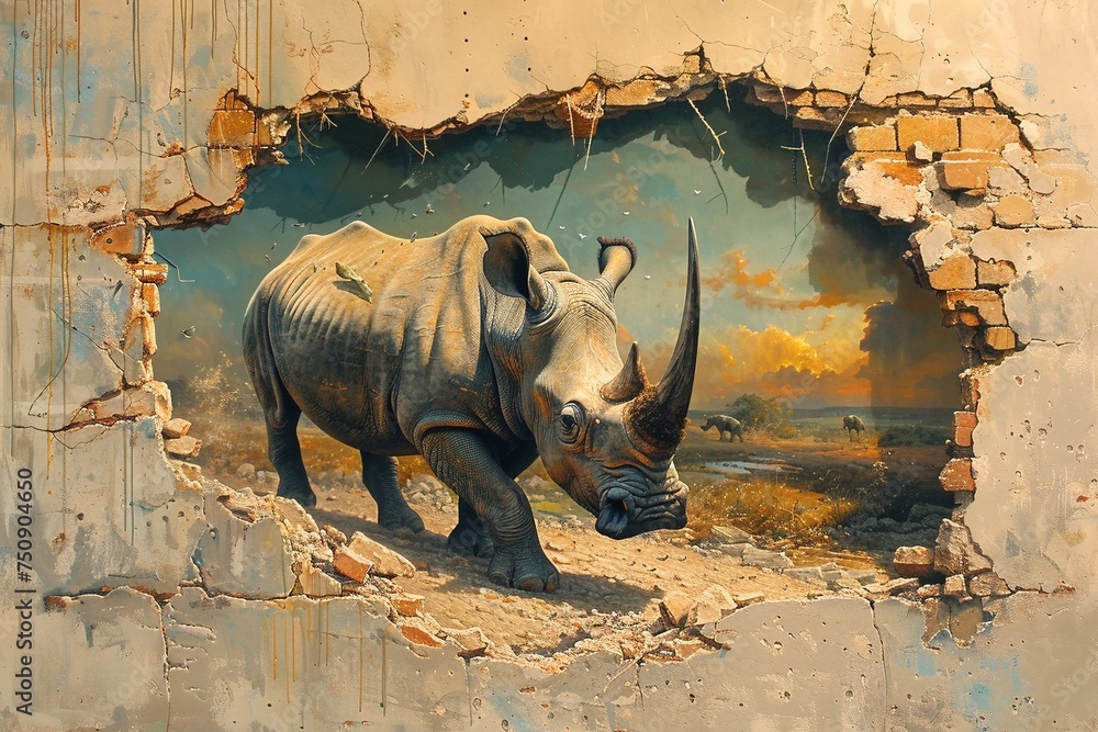 Immersive Rhino Encounter: 3D Hole in Wall Unveils Majestic Scene of Charging Rhino Stock ...