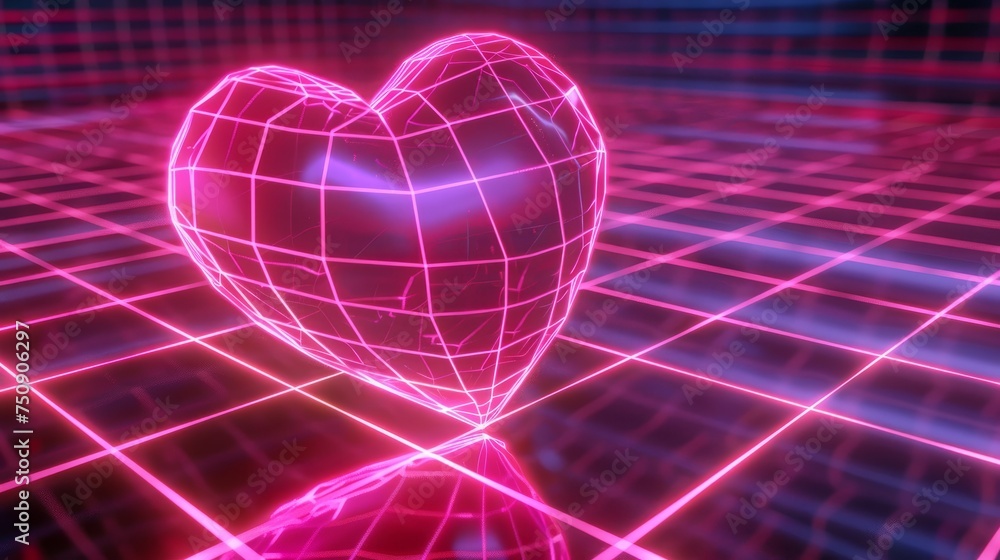 Geometry wireframe shapes and grids in neon pink color. 3D hearts ...