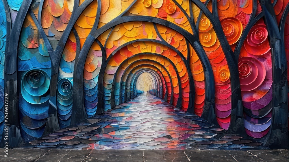 a painting of a colorful tunnel with trees on both sides of the tunnel ...