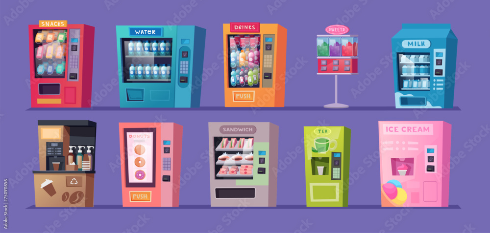 Vending machines. Drinks coffee soda fast food and snacks in vending automat exact vector ...