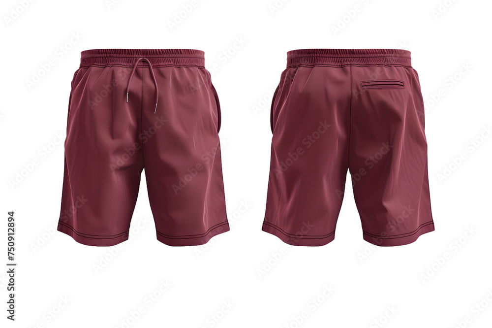 Front and back view of a maroon basic shorts template. Casual style ...