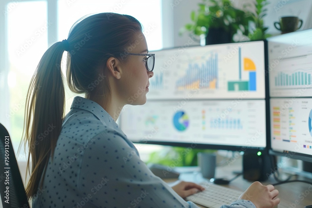 Witness the expertise of a female data analyst as she meticulously analyzes diverse data ...